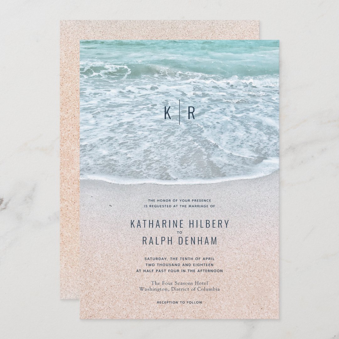 Tropical Ocean & Sandy Beach Monogram Wedding Invitation | Zazzle