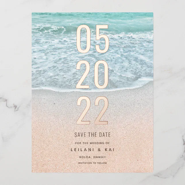 Tropical Ocean & Sandy Beach Save the Date Foil Invitation Postcard ...