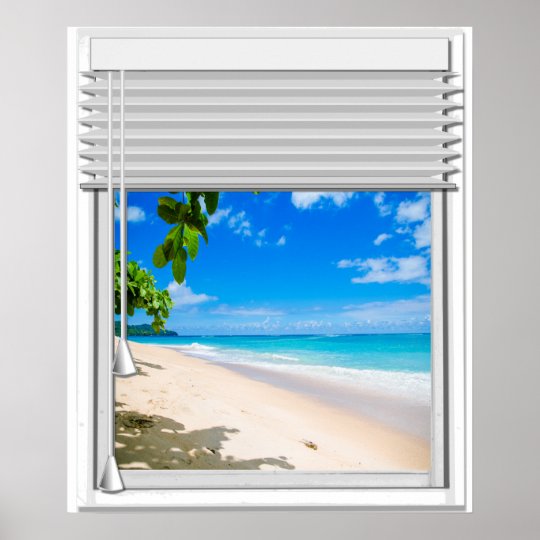 Tropical Ocean View Faux Window With Blinds Poster | Zazzle.com