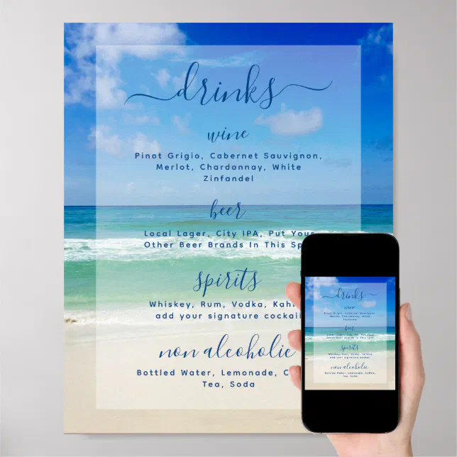Tropical Ocean Waves Photo Beach Bar Drinks Menu Poster | Zazzle