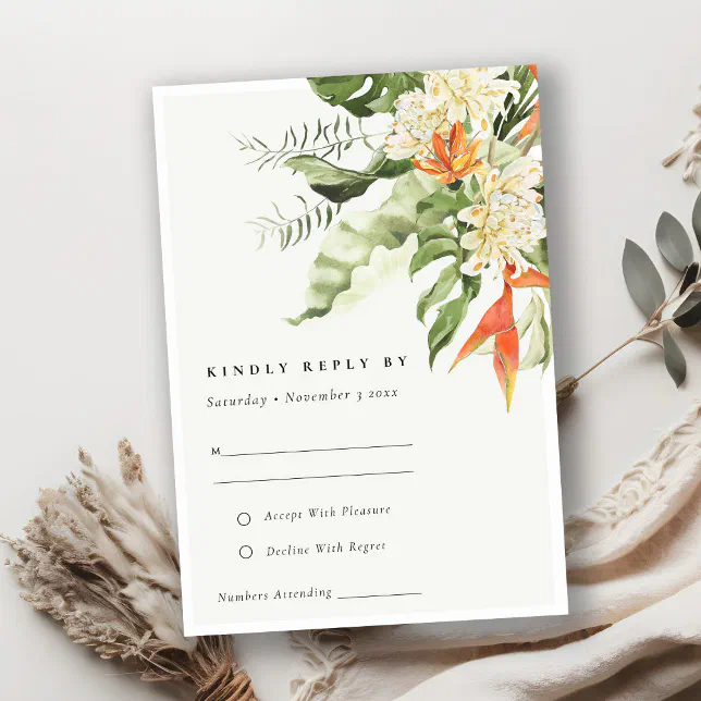 Tropical Orange Green Leafy Botanical Wedding RSVP Card | Zazzle