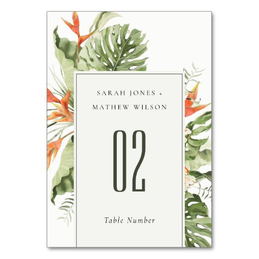 Tropical Orange Green Leafy Botanical Wedding Table Number | Zazzle