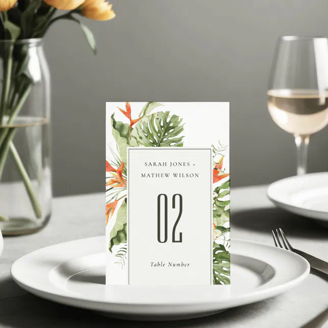 Tropical Orange Green Leafy Botanical Wedding Table Number | Zazzle