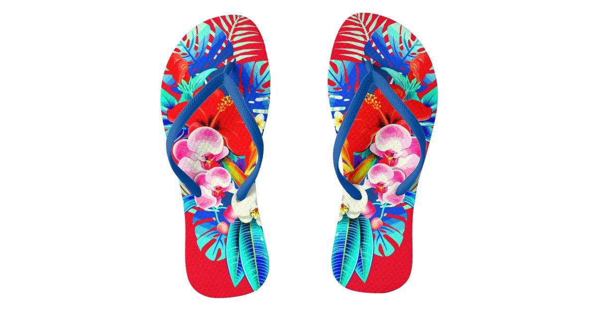 Tropical Orchid And Palm Leaves Hawaiian Floral Flip Flops Zazzle