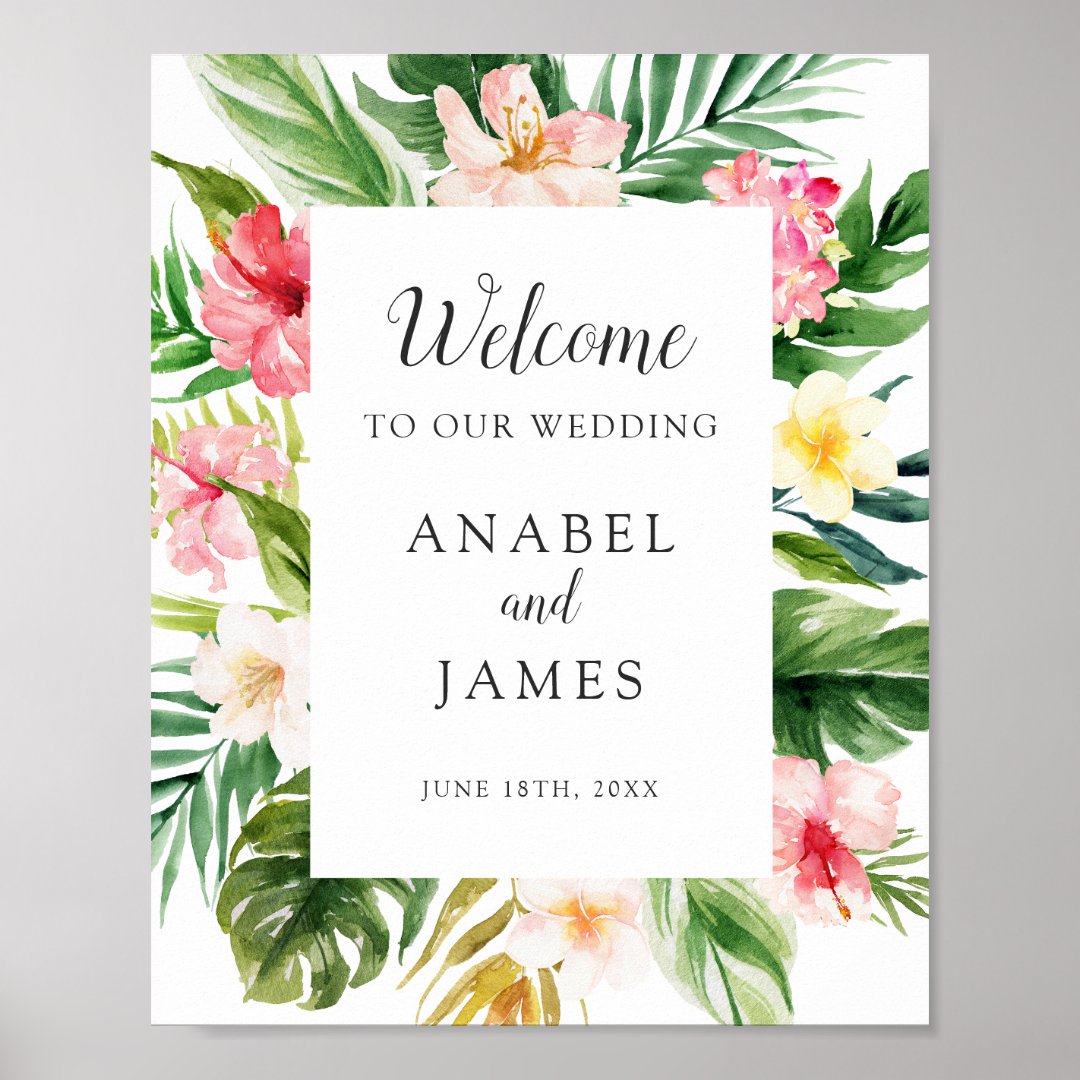 Tropical Palm Banana Leaf Blush Floral Welcome Poster | Zazzle