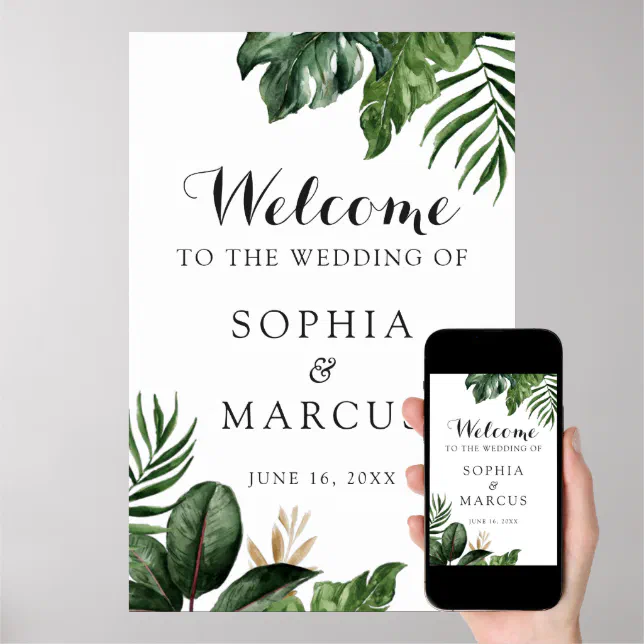 Tropical Palm Banana Leaf Greenery Modern Welcome Poster | Zazzle