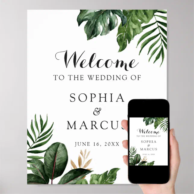 Tropical Palm Banana Leaf Greenery Modern Welcome Poster | Zazzle