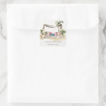 Tropical Palm Beach Watercolor Cabana Wedding Square Sticker | Zazzle
