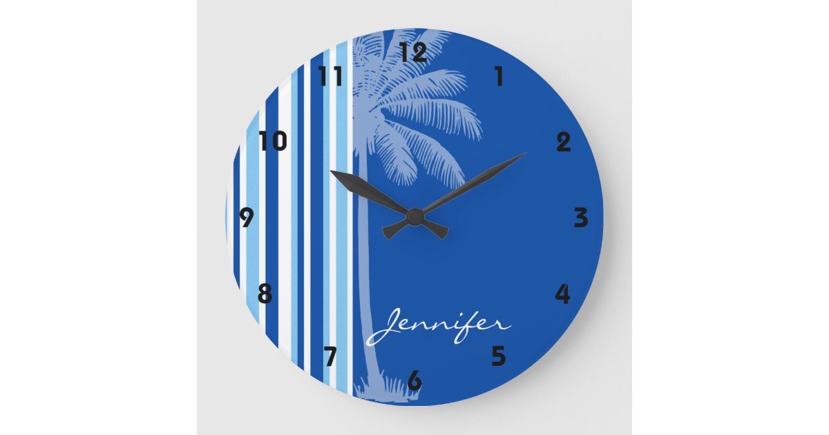 Tropical Palm; Blue & White Stripes Large Clock | Zazzle
