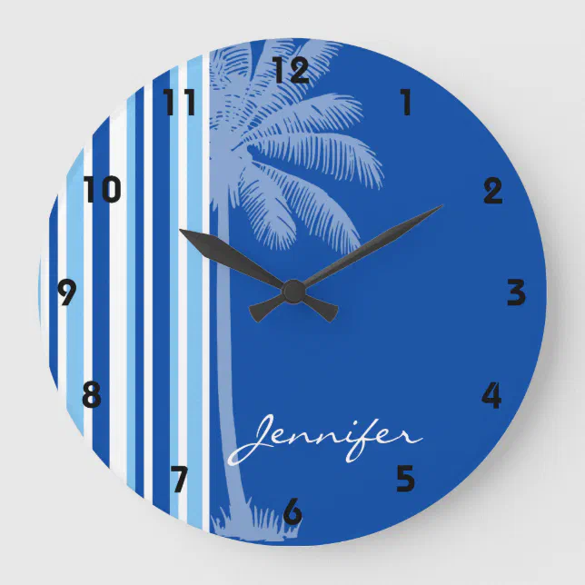 Tropical Palm; Blue & White Stripes Large Clock | Zazzle