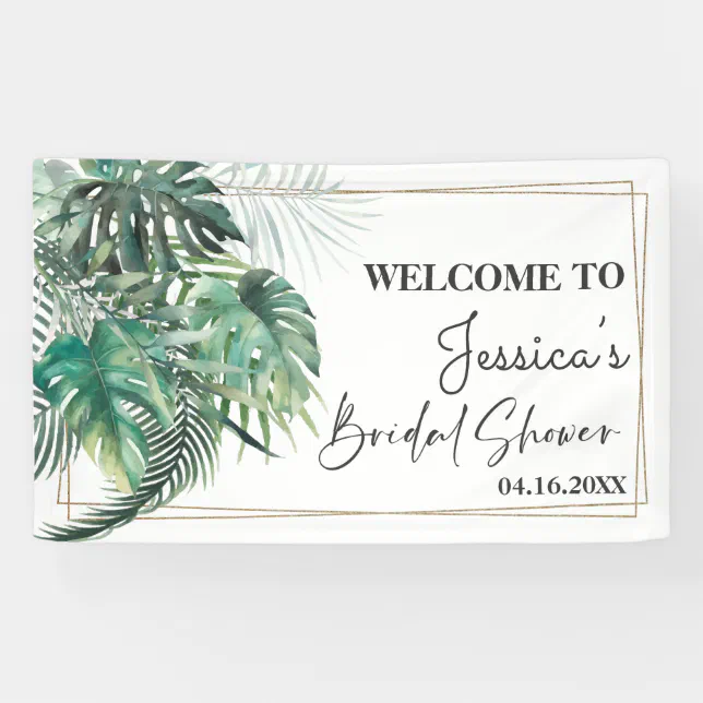 Tropical palm greenery gold bridal shower Backdrop Banner | Zazzle