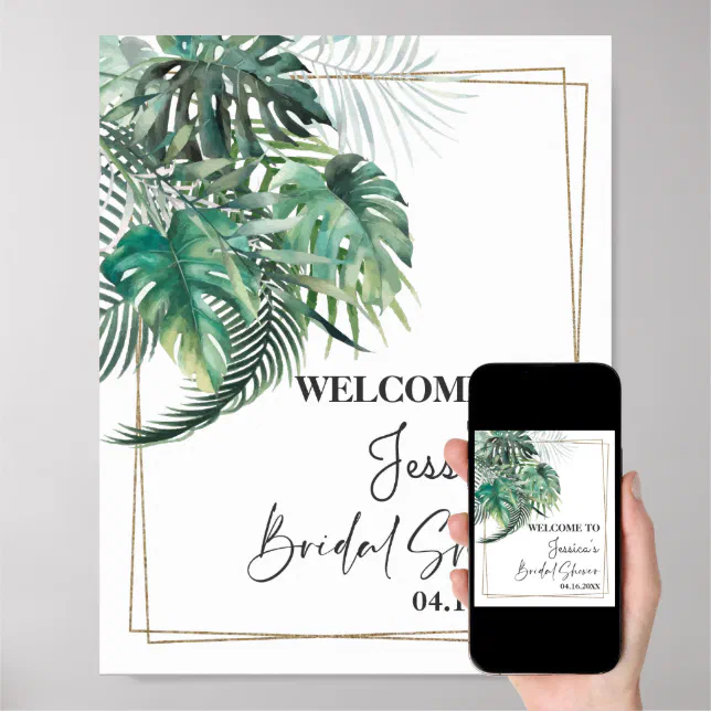 Tropical palm greenery gold bridal shower Welcome Poster | Zazzle