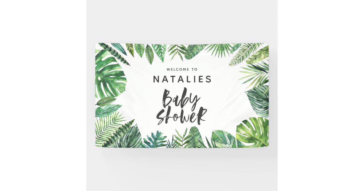Tropical palm leaf & script baby shower banner | Zazzle