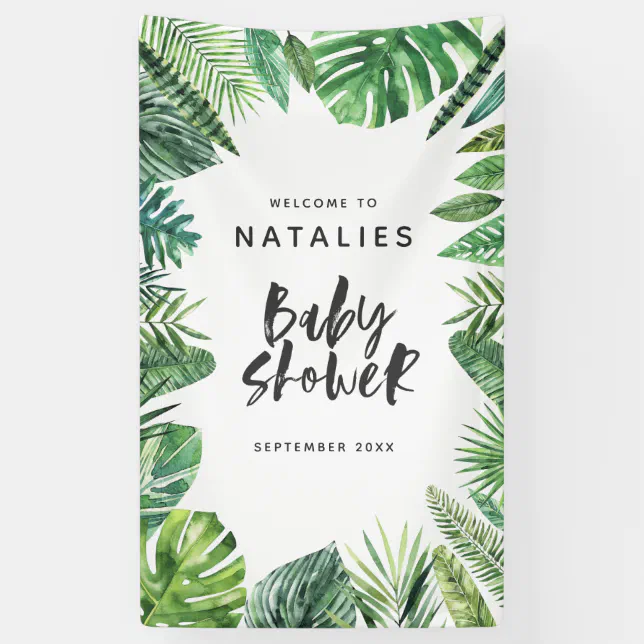 Tropical palm leaf & script baby shower banner | Zazzle