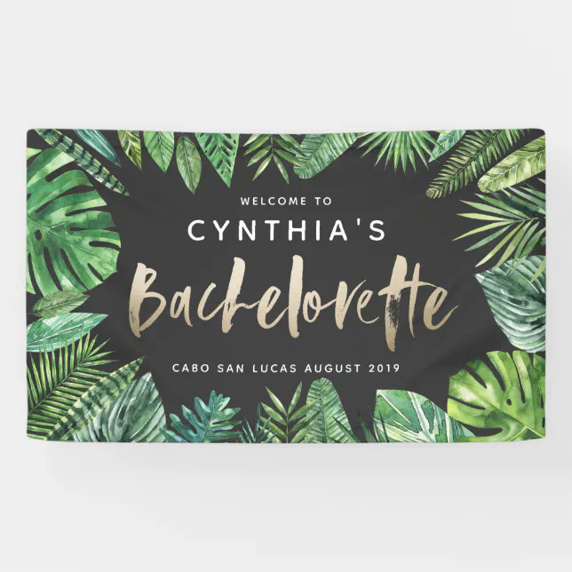 Tropical palm leaf & script gold bachelorette banner | Zazzle