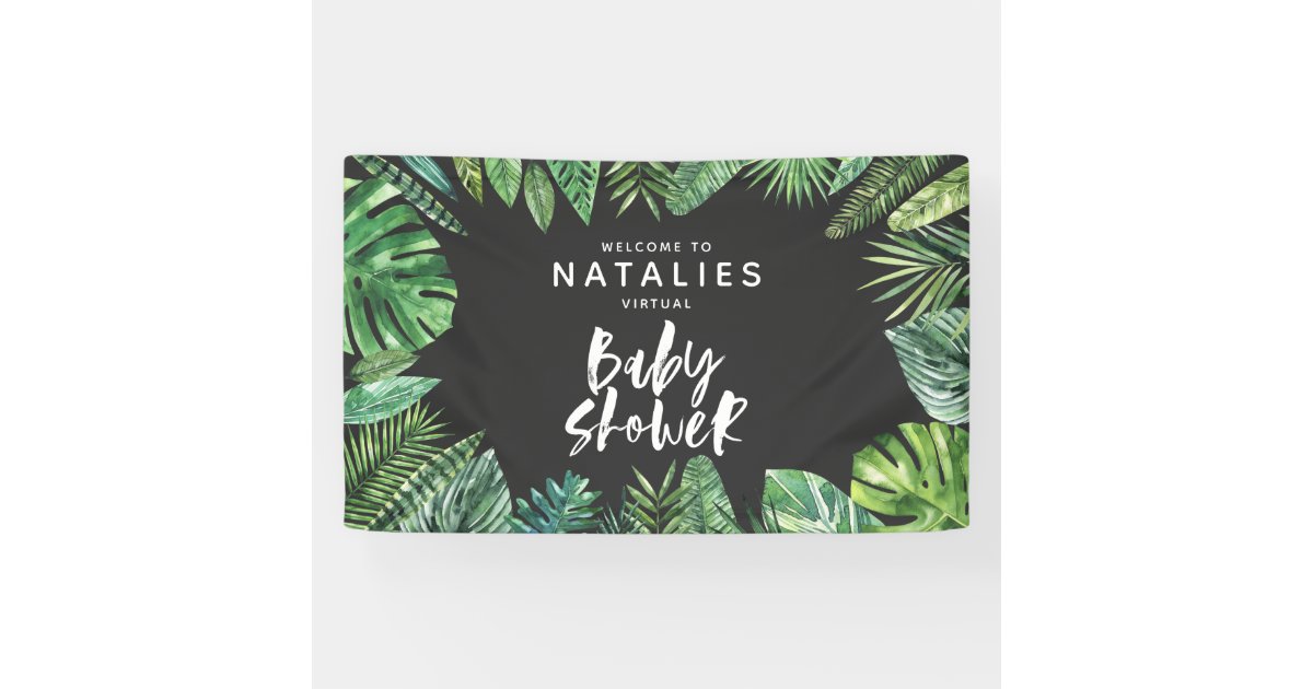 Tropical palm leaf script virtual baby shower banner | Zazzle