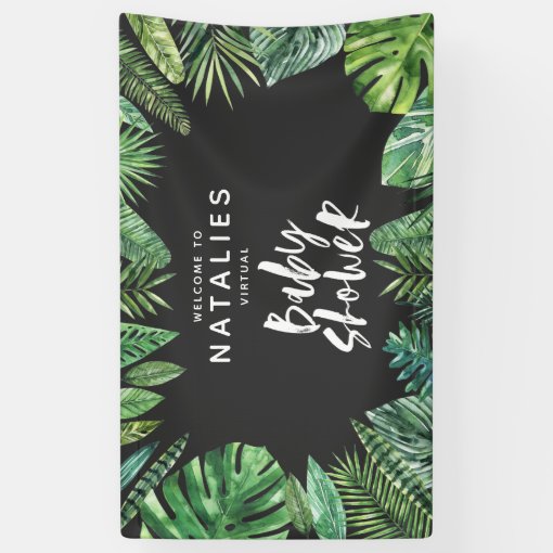 Tropical palm leaf script virtual baby shower banner | Zazzle