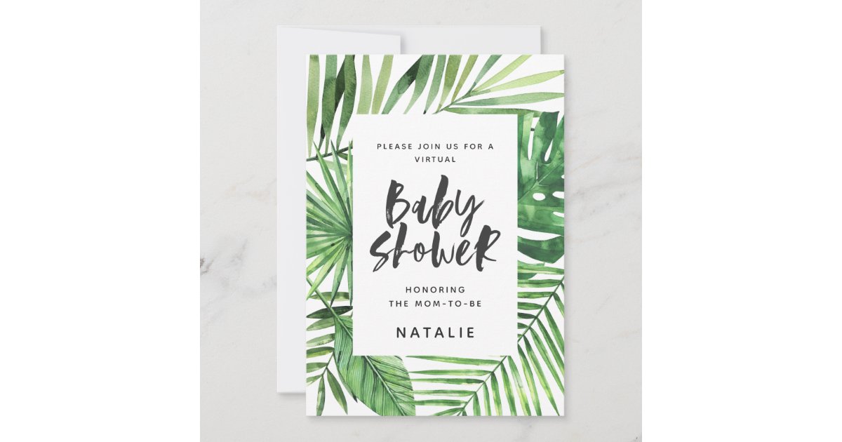 Tropical palm leaf script virtual baby shower save the date | Zazzle