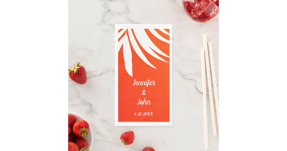 Tropical Palm Leaf Sunset Orange Beach Wedding Paper Guest Towels | Zazzle