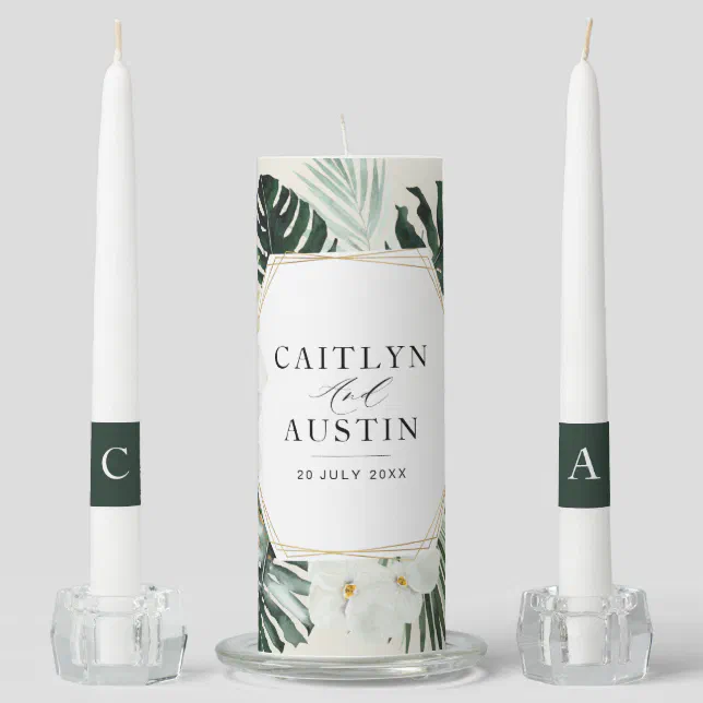 tropical palm leaves greenery floral wedding unity candle set | Zazzle