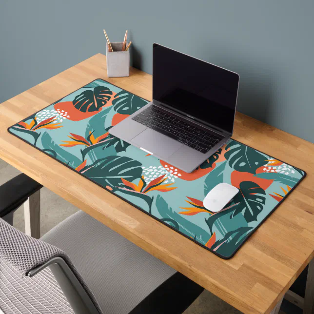Tropical Palm leaves hibiscus and shapes pattern Desk Mat | Zazzle