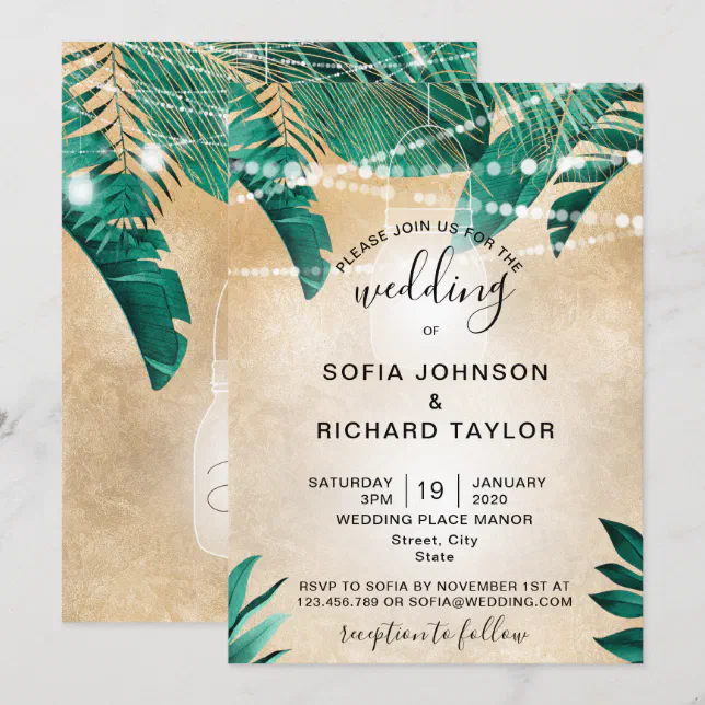 Tropical Palm Leaves Light Jar gold Invitation | Zazzle