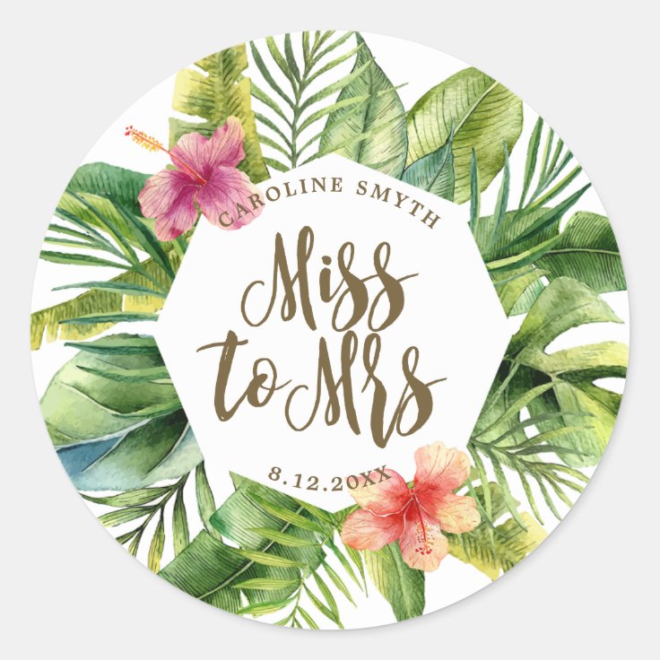 tropical palm leaves miss to mrs sticker | Zazzle