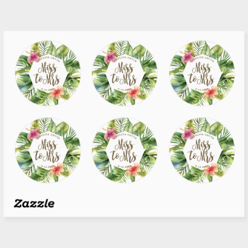 tropical palm leaves miss to mrs sticker | Zazzle