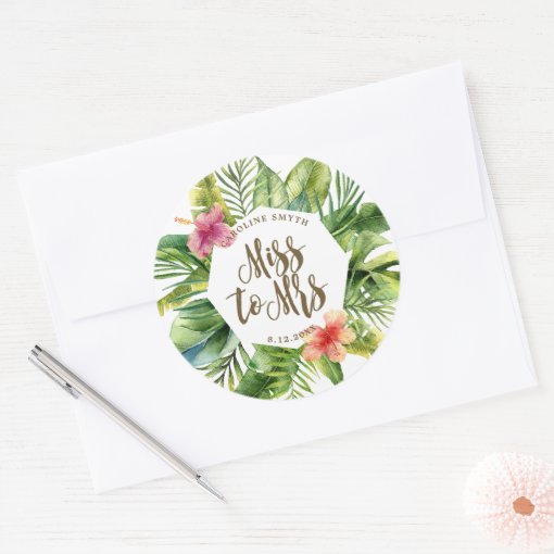 tropical palm leaves miss to mrs sticker | Zazzle