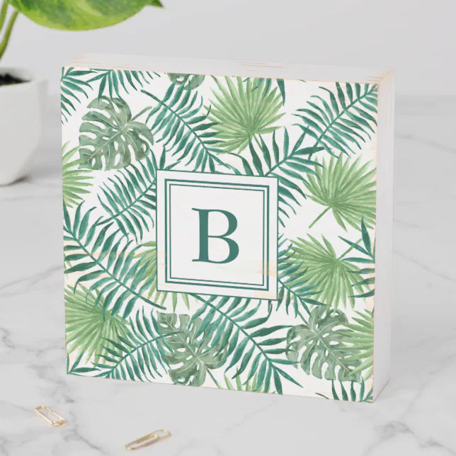 Tropical Palm Leaves Pattern Monogrammed Wooden Box Sign | Zazzle