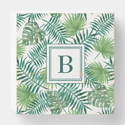 Tropical Palm Leaves Pattern Monogrammed Wooden Box Sign | Zazzle