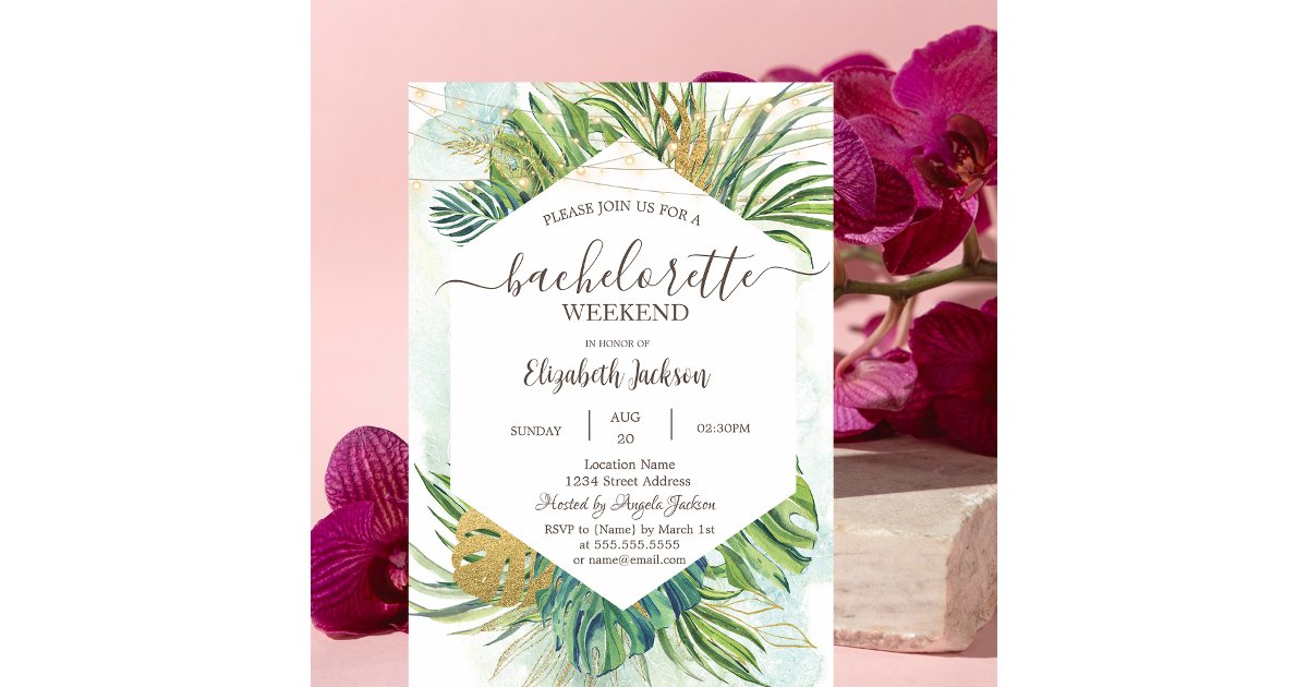 Tropical Palm Leaves Summer Bachelorette Party Invitation | Zazzle