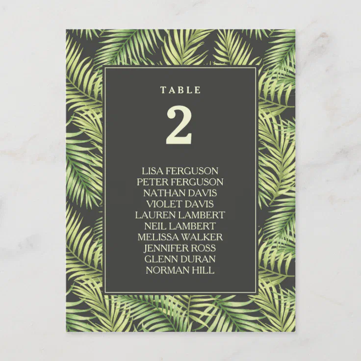Tropical Palm Leaves Wedding Seating Chart Postcard | Zazzle