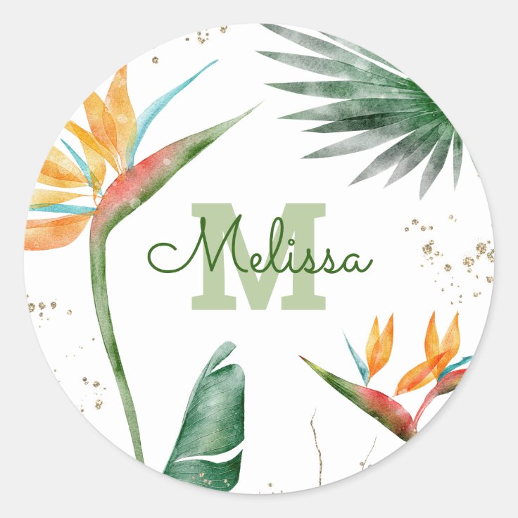 Tropical Palm Modern Monogram Script Gold Glitter Classic Round Sticker ...