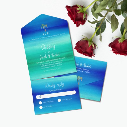 Tropical Palm Neon Blue Green Beach Ocean Wedding All In One Invitation ...