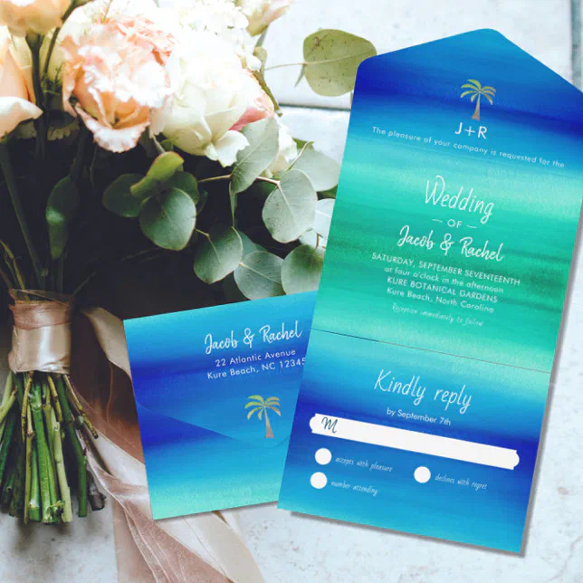 Tropical Palm Neon Blue Green Beach Ocean Wedding All In One Invitation ...
