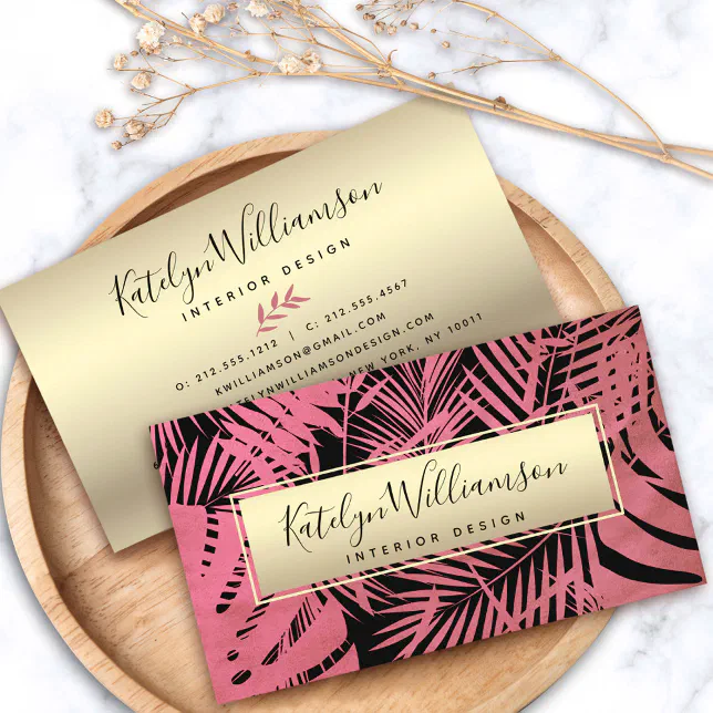 Tropical palm pink gold elegant script typography business card | Zazzle