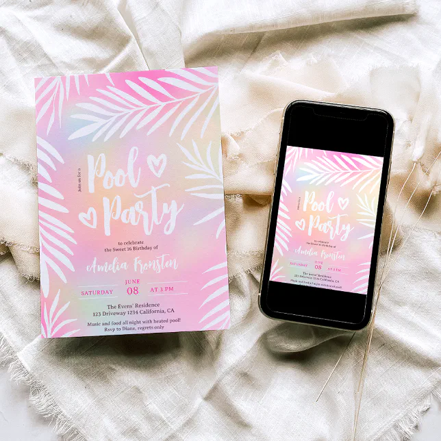 Tropical palm rainbow pool party Sweet 16 Invitation | Zazzle