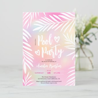 Tropical palm rainbow pool party Sweet 16 Invitation | Zazzle