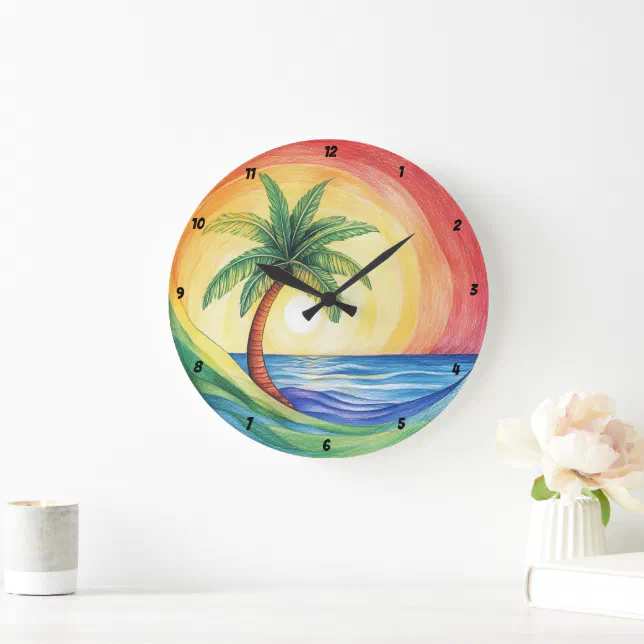 Tropical Palm Tree and Ocean Inspired Artwork Large Clock | Zazzle