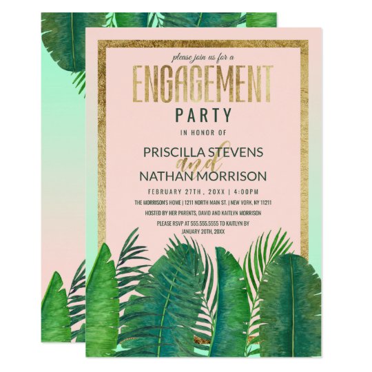 Tropical Palm Tree Banana Leaf Gold Engagement Invitation | Zazzle.com