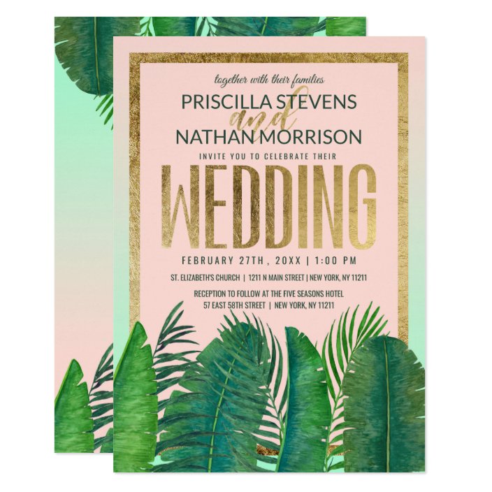Tropical Palm Tree Banana Leaf Gold Wedding Invitation | Zazzle.com