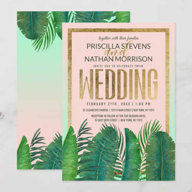 Tropical Palm Tree Banana Leaf Gold Wedding Invitation | Zazzle