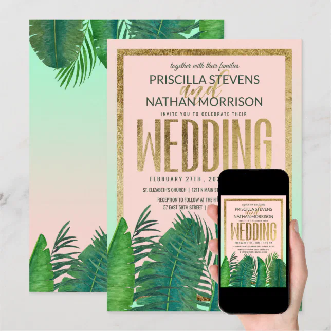 Tropical Palm Tree Banana Leaf Gold Wedding Invitation | Zazzle