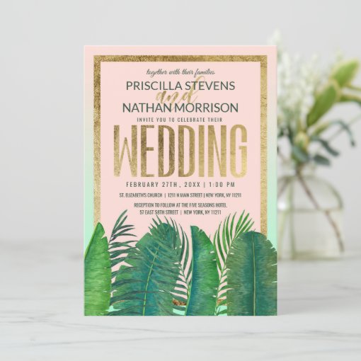 Tropical Palm Tree Banana Leaf Gold Wedding Invitation | Zazzle