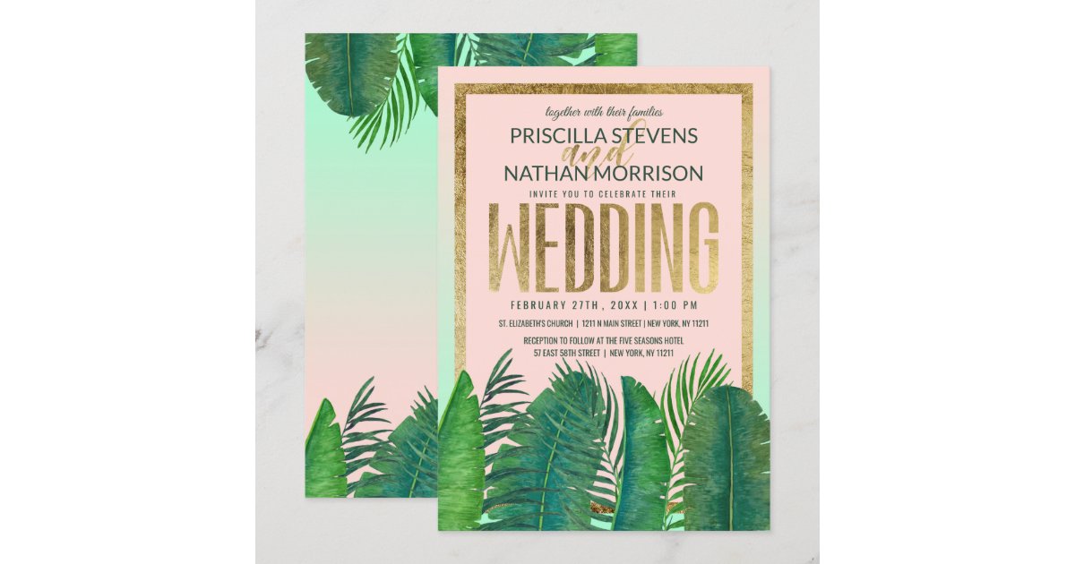Tropical Palm Tree Banana Leaf Gold Wedding Invitation | Zazzle