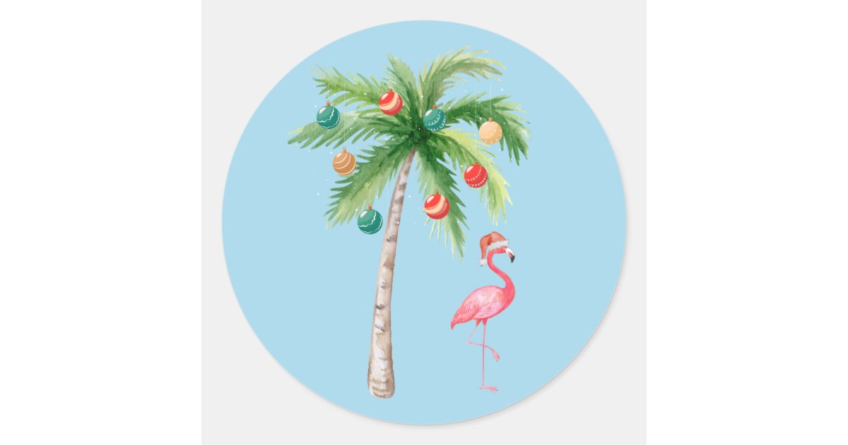 Tropical Palm Tree Flamingo Holiday Party Classic Round Sticker Zazzle