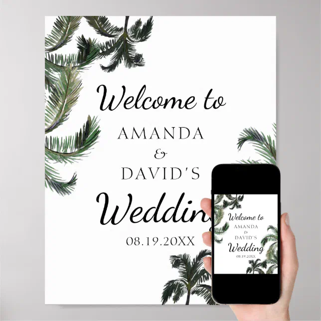 Tropical Palm Tree Greenery Beach Wedding Welcome Poster | Zazzle