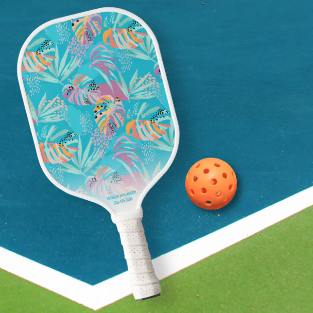 Tropical Palm Tree Leaf Pattern Custom Name Phone Pickleball Paddle ...