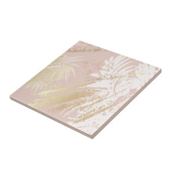 Tropical palm tree leaves pink gold ceramic tile | Zazzle